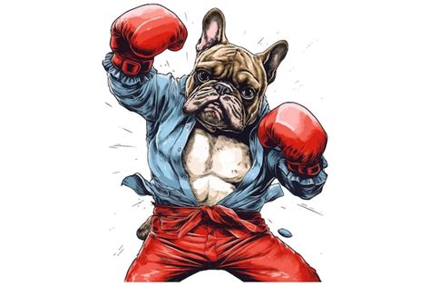 빨간 권투 장갑 벡터 일러스트 레이 션에 프랑스 불독 프리미엄 벡터