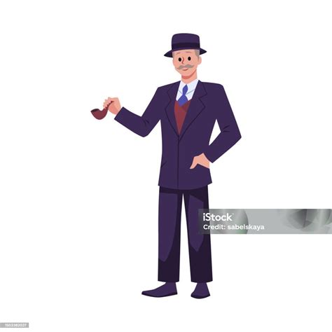 모자를 쓴 양복을 입은 19세기의 백발의 콧수염을 기른 빅토리아 시대 남자가 담배를 피우는 파이프를 들고 있다 만화에 대한 스톡 벡터 아트 및 기타 이미지 Istock