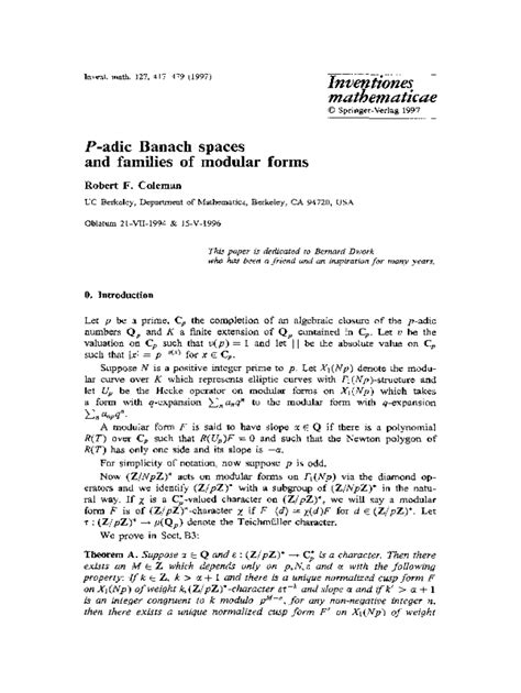 Fillable Online P Adic Banach Spaces And Families Of Modular Forms Fax