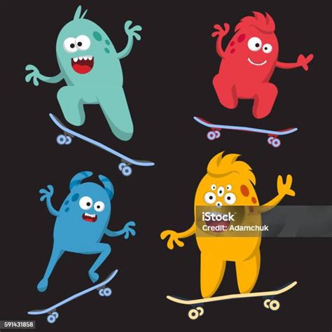 스케이트 보드를 타고 명랑하고 다채로운 만화 괴물의 세트 0명에 대한 스톡 벡터 아트 및 기타 이미지 0명 디자인 만화 Istock