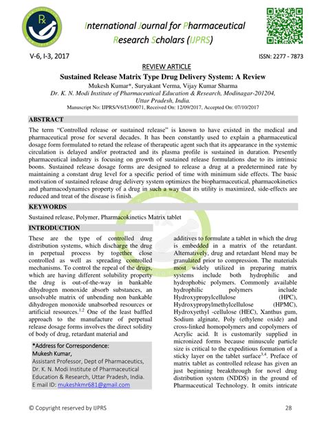 Pdf Sustained Release Matrix Type Drug Delivery System A Review