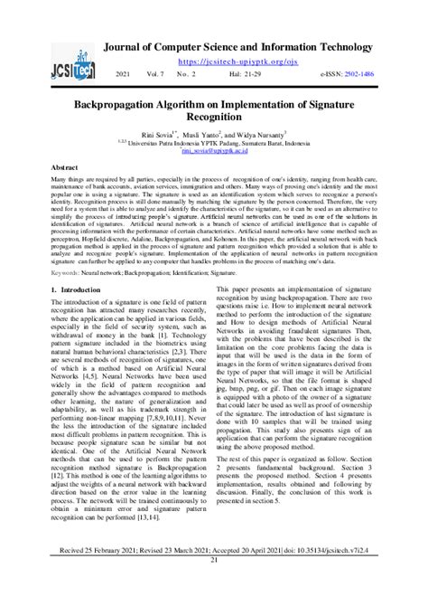 Pdf Backpropagation Algorithm On Implementation Of Signature Recognition