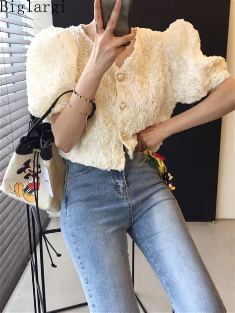여성용 퍼프 슬리브 레이스 플라워 셔츠 크롭 셔츠 모디스 캐주얼 오피스 우먼 블라우스 한국 패션 여름 신상