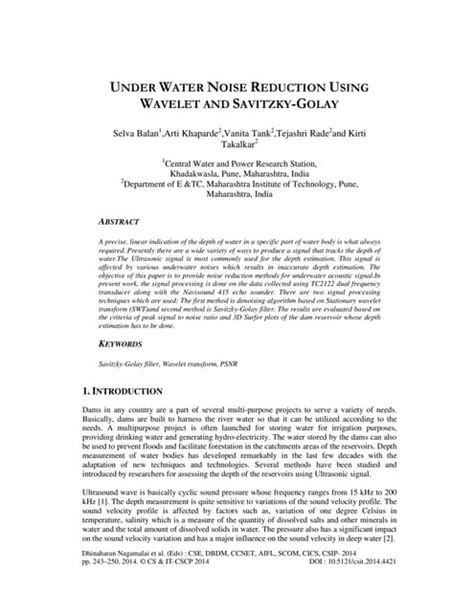 Under Water Noise Reduction Using Wavelet And Savitzky Golay Pdf