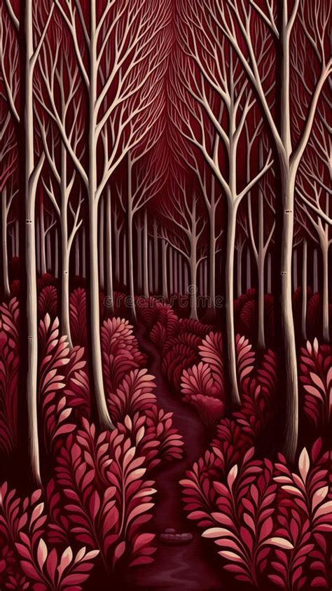 Eerie Maroon Forest Landscape With Slender Bare Trees Stock