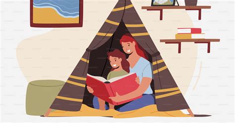 어머니는 아이들 방에서 장난감 위그왐에 앉아 어린 딸과 함께 책을 읽는다 함께 시간을 보내는 행복한 가족 캐릭터 엄마는 소녀에게 자기 전에 동화를 읽었습니다 만화