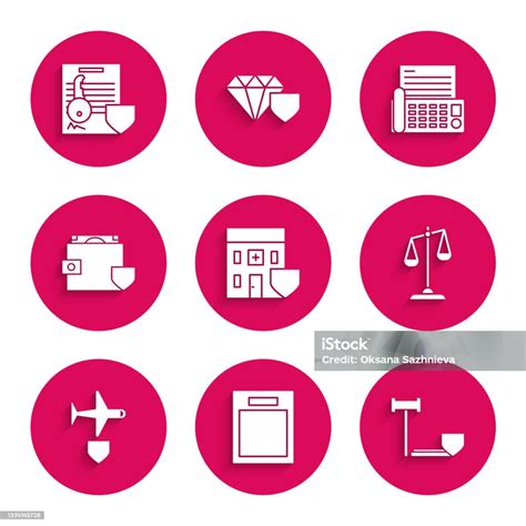 방패 빈 형태 판사 망치 정의의 비늘 비행기 지갑과 돈 팩스 기계 및 문서 키 아이콘으로 의료 병원 건물을 설정합니다 벡터 가득