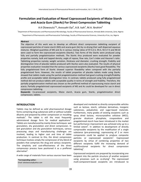 Pdf Formulation And Evaluation Of Novel Coprocessed Excipients Of Maize Starch And Acacia Gum