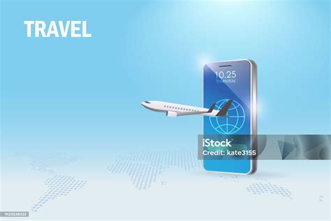 온라인 여행 온라인 예약 개념 세계지도에서 스마트 폰 앱에서 비행하는 비행기 예약 항공권 세계를 탐험하기 위해 비행기로 여행 도착 출발 시간표에 대한 스톡 벡터 아트 및
