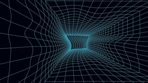 파란색 배경의 3d 와이어프레임 변형 공간 착시 벡터 원근 결함 그리드 디지털 공간이 있는 상자 프리미엄 벡터