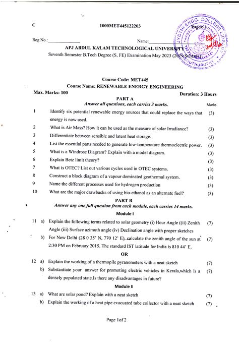 111 Met445 Question Paper 1 C Reg No 1000m8t Apj Abdul Kalam