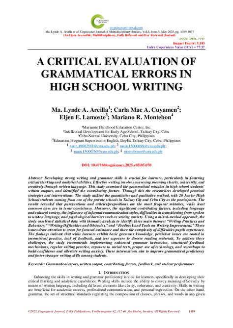Pdf A Critical Evaluation Of Grammatical Errors In High School Writing
