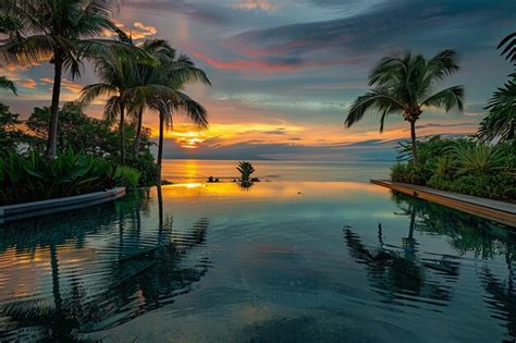 Luxurious Resort Pool At Twilight Tropics Premium Ai Generated Image