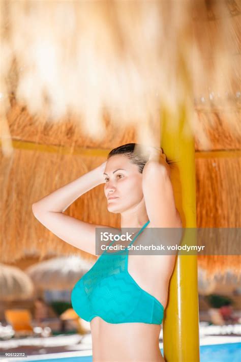 팜 우산 아래 해변에서 갈색 머리 여자의 초상화 직업과 휴식 갈색 머리에 대한 스톡 사진 및 기타 이미지 갈색 머리 계절 그늘 Istock