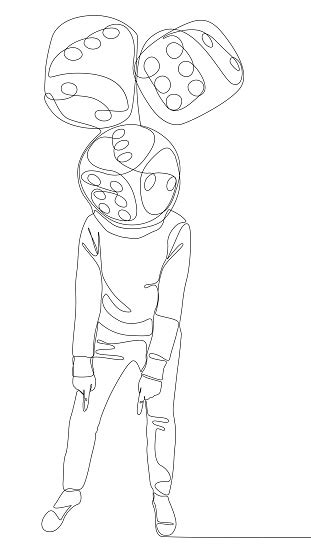 주사위를 머리로 가리키는 남자의 연속적인 라인 변장으로 행운의 상징 가는 선 그림 벡터 개념입니다 등고선 그리기 창의적인 아이디어 가능성에 대한 스톡 벡터 아트 및 기타