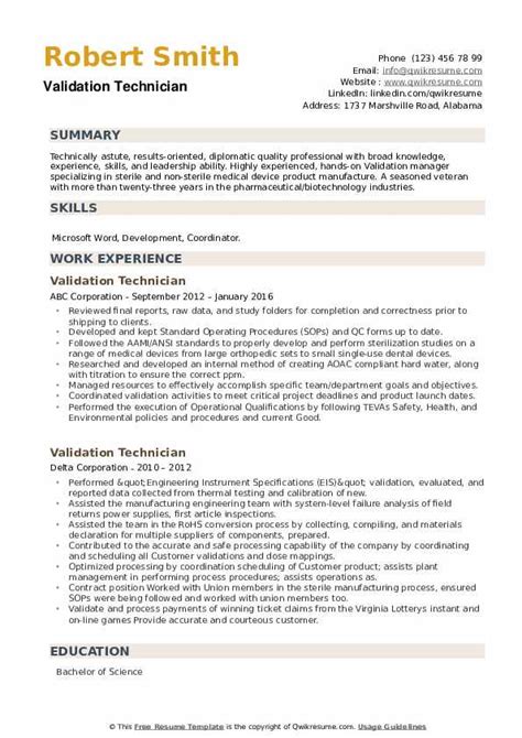 10 Validation Technician Resume Samples And Templates For 2025