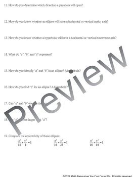 Conic Sections Extra Practice With Short Answer Questions No Prep
