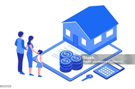 주택 융자 재융자 부동산 및 부동산 담보 대출 개념 자녀가있는 가족이 집을 구입하고 은행가 벡터 일러스트레이션과 계약서에 서명하십시오 가족에 대한 스톡 벡터 아트 및 기타