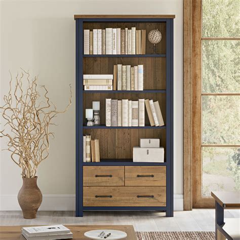 Blue Debden Large Open Bookcase With Drawers Assembled Oak World