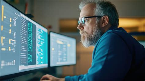 Focused Software Developer Working On Multiple Monitors With Coding And Programming On His