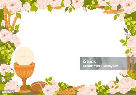 직사각형 프레임의 첫 번째 친교의 상징 벡터 와인 빵 와인 포도 흰 장미를 위한 황금 그릇 아름다운 초대장 디자인을위한 구성 성찬식에 대한 스톡 벡터 아트 및 기타 이미지