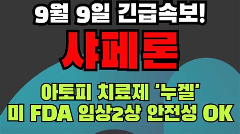 샤페론 주가전망 9월9일 긴급속보 아토피 치료제 누겔 미 Fda 임상2상 안전성 Ok Youtube