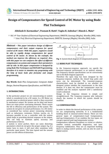 Design Of Compensators For Speed Control Of Dc Motor By Using Bode Plot