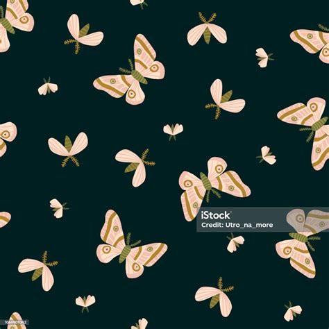 밤 나비와 나 방 완벽 한 패턴입니다 아름 다운 로맨틱 인쇄입니다 어두운 직물 디자인입니다 벡터 일러스트입니다 꽃무늬에 대한 스톡 벡터 아트 및 기타 이미지 Istock