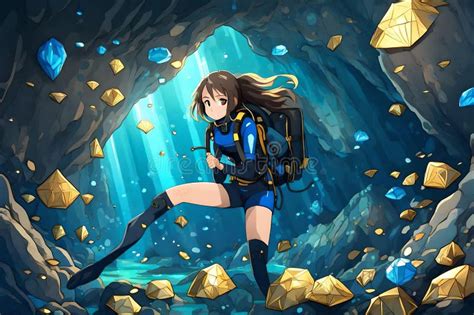 Young Anime Girl Diving Exploring Treasure Filled Cave Stock
