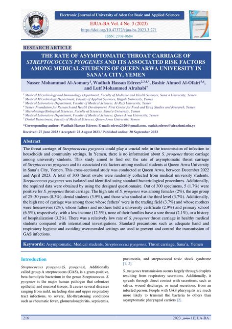 Pdf The Rate Of Asymptomatic Throat Carriage Of Streptococcus Pyogenes And Its Associated Risk
