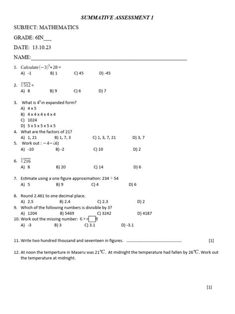 Summative Assessment 1 Pdf Elementary Mathematics Numbers