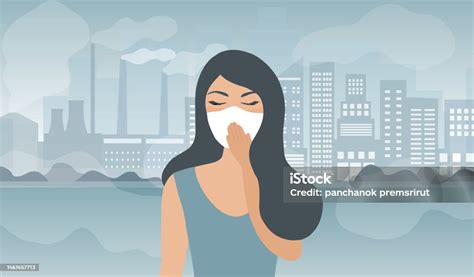 안면 마스크를 착용하는 사람들은 도시 공장 파이프 및 산업 스모그 벡터 일러스트레이션에서 Pm 25 연기 먼지 및 대기 오염을