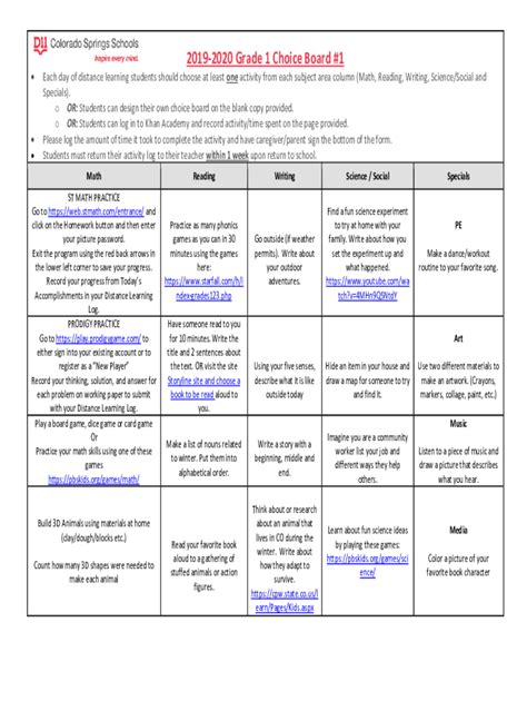 Fillable Online First Grade Choice Boards For Distance Learning