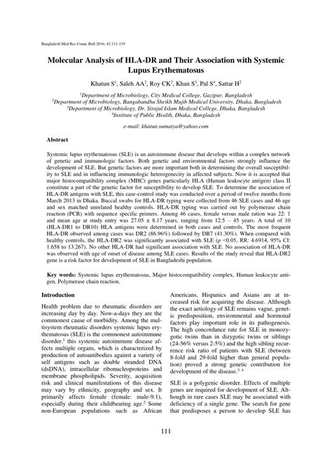 PDF Molecular Analysis Of HLA DR And Their Association With Systemic Lupus Erythematosus