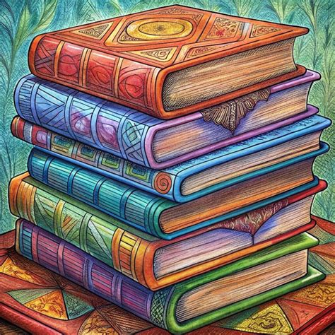 A Drawing Of A Stack Of Books With A Colorful Cover Premium Ai