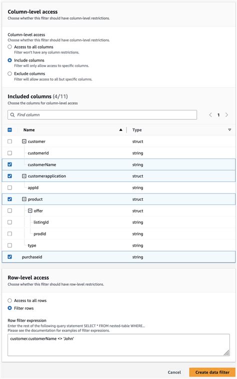 Creating A Data Filter AWS Lake Formation