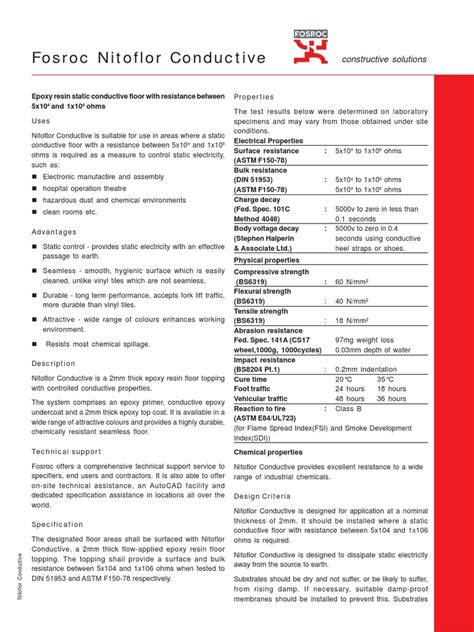 Fosroc Nitoflor Conductive Epoxy Floor Pdf Electrical Resistance
