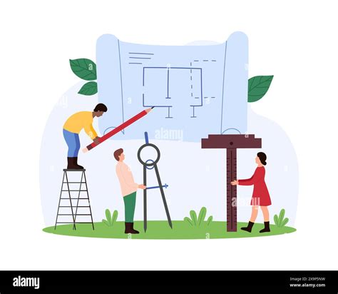 Construction Plan Development Process City Architecture Tiny People With Pencil Caliper And