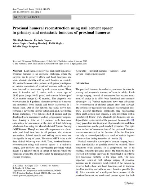Pdf Proximal Humeral Reconstruction Using Nail Cement Spacer In Primary And Metastatic Tumours