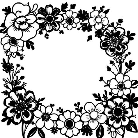 Black And White Floral Wreath Detailed Outline Of Various Flower Types