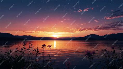 A Vibrant Anime Sunset Wallpaper With A Colorful Sky Over A Serene