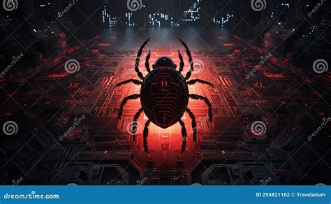 red light glowing computer bug perched on microchip symbolizing threat