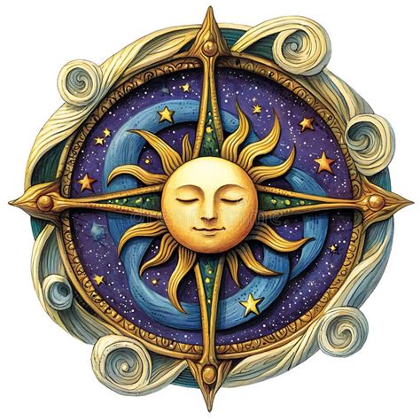 Celestial Sun Compass Mystical Artwork Of The Sun Moon And Stars Stock