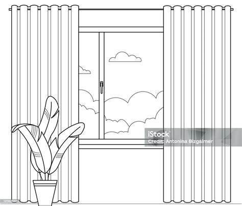 여름 풍경벡터 개요 창 아침 낮 저녁 커튼이있는 창문 밖에서 밤 현대 플랫 만화 스타일 벡터 일러스트 색칠 공부 페이지 커튼에 대한 스톡 벡터 아트 및 기타 이미지 Istock