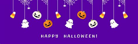 거미줄에 매달려 있는 유령 사탕 옥수수 잭 오 랜턴 호박이 있는 해피 할로윈 국경 배너 으스스한 장식품 장식 벡터 그림 트릭 또는 치료 파티 초대 10월에 대한 스톡 벡터