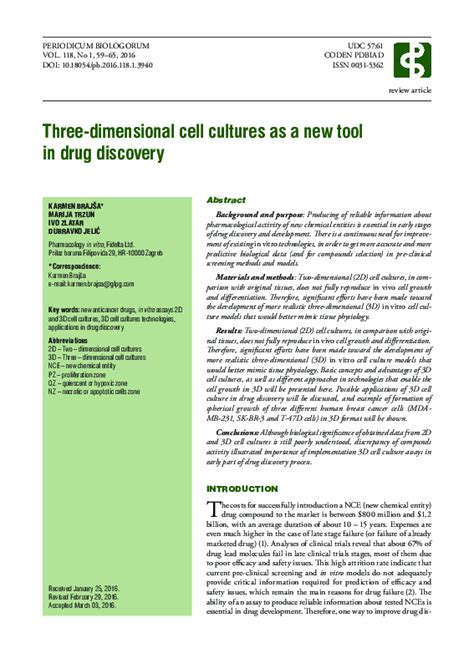 Pdf Three Dimensional Cell Cultures As A New Tool In Drug Discovery