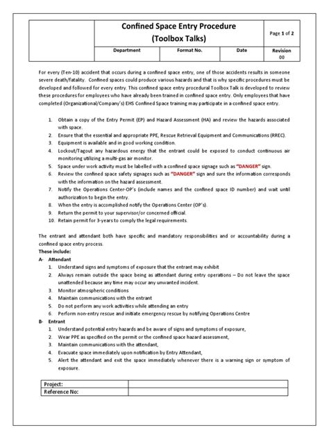 Confined Space Entry Procedure Download Free Pdf Occupational