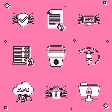 Set Cyber Security Document And Lock Computer Api Interface Server With Cooler Bag And