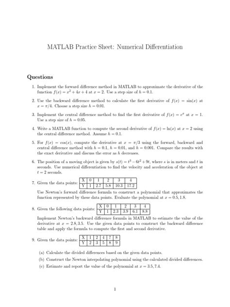 Matlab Sheet 1 Pdf Finite Difference Algebra