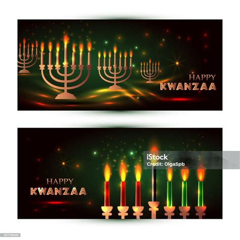 전통적인 색 및 초 7 원칙 또는 Nguzo 사바 Kwanzaa에 대 한 수평 배너 Kwanzaa에 대한 스톡 벡터 아트 및 기타 이미지 Kwanzaa 배경 주제